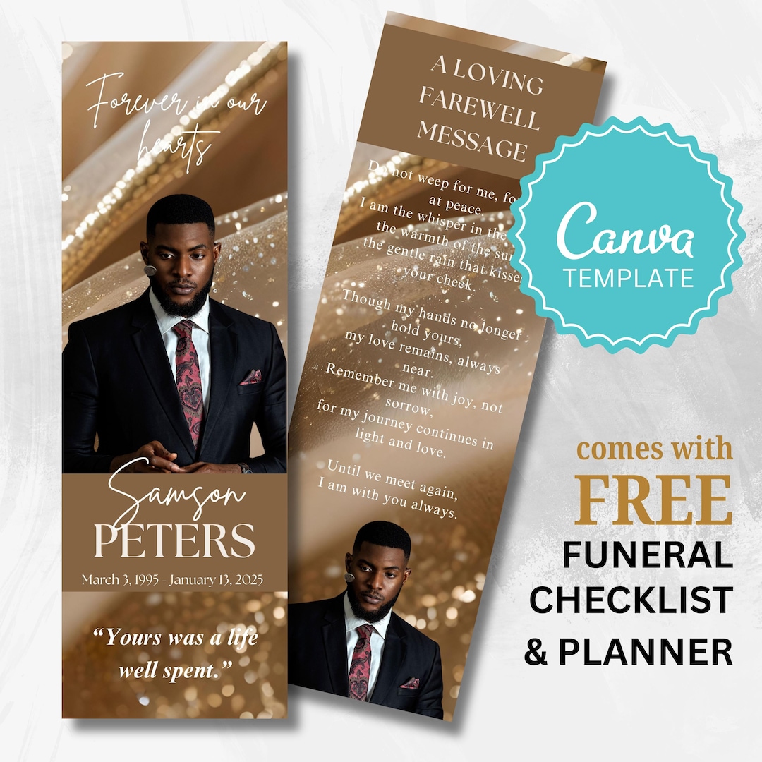 Manly Gold Memorial Bookmark Canva Editable Template for Loss of ...
