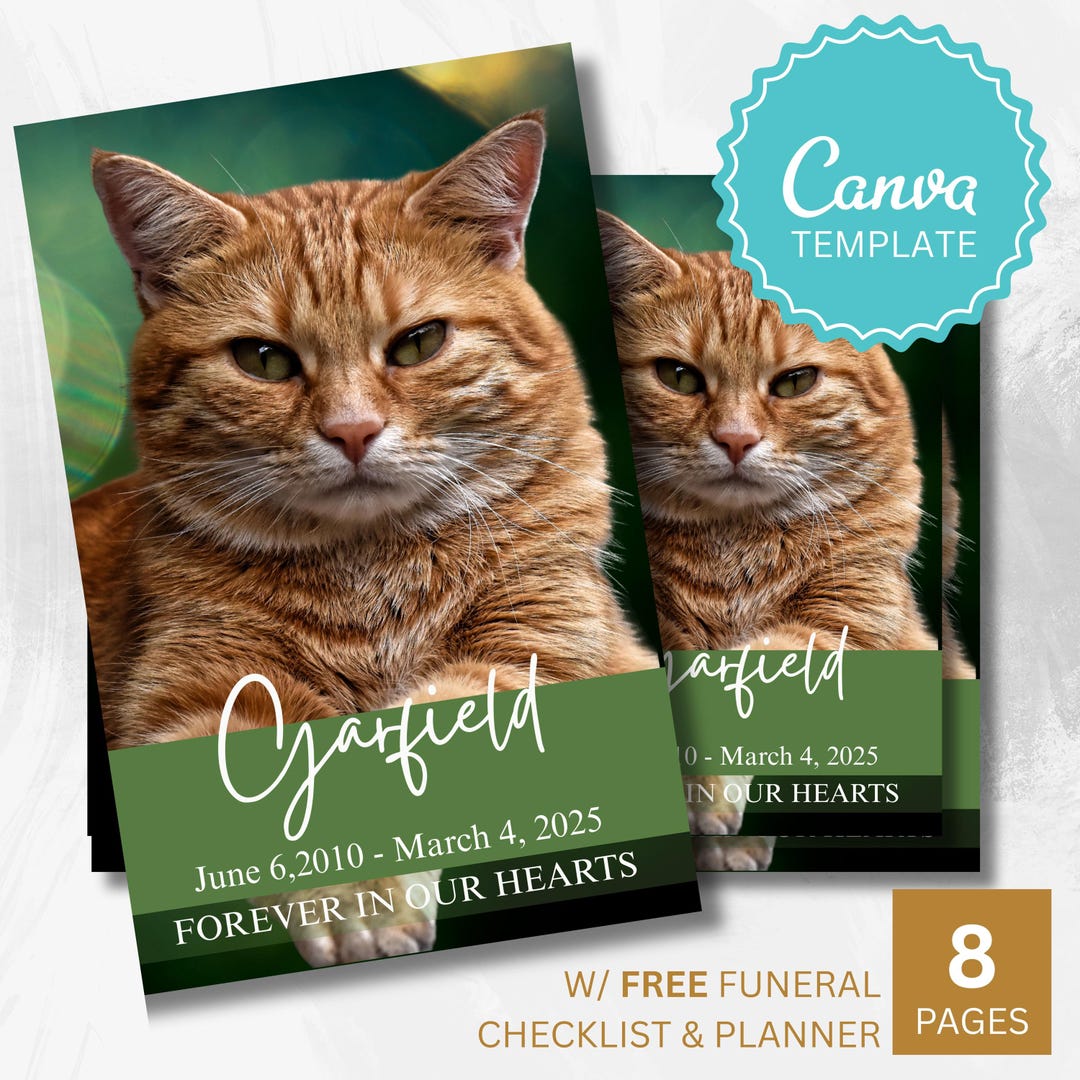 Green Cat Pet Memorial Funeral Program Card Invitation – Editable Canva ...