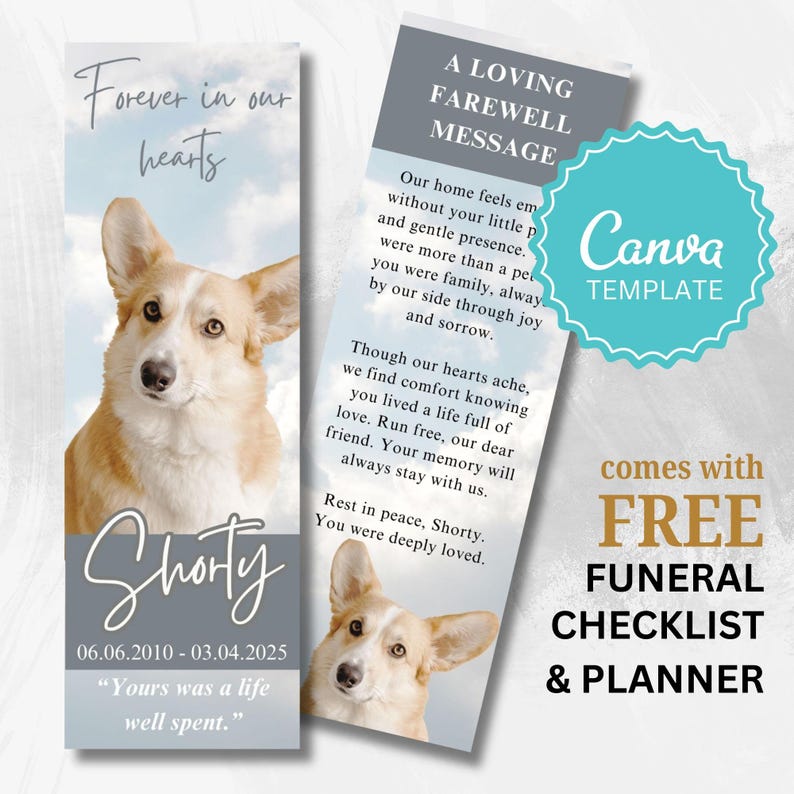 Pet Obituary With Cloud Background Funeral Bookmark for Loss of Pet ...