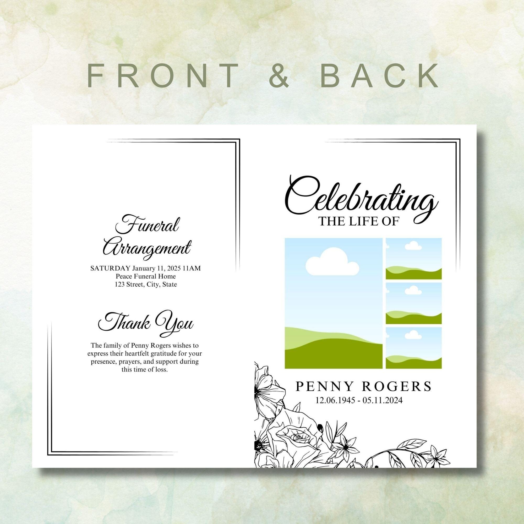 Simple Floral Line Art Funeral Program Template – Editable Canva ...