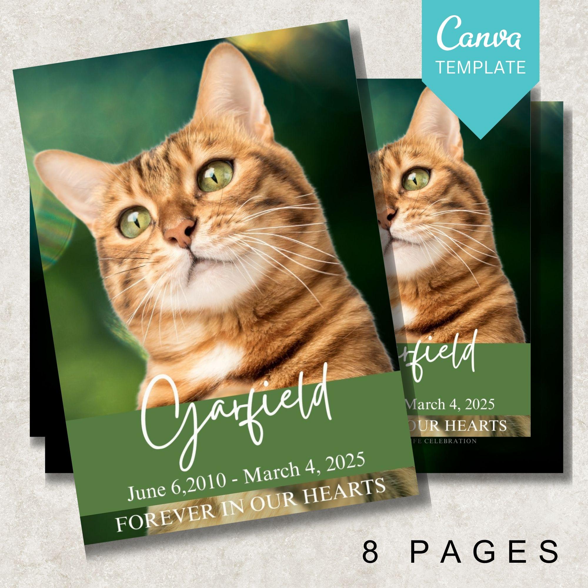 Green Pet Memorial Funeral Program – Editable Canva Obituary Template ...