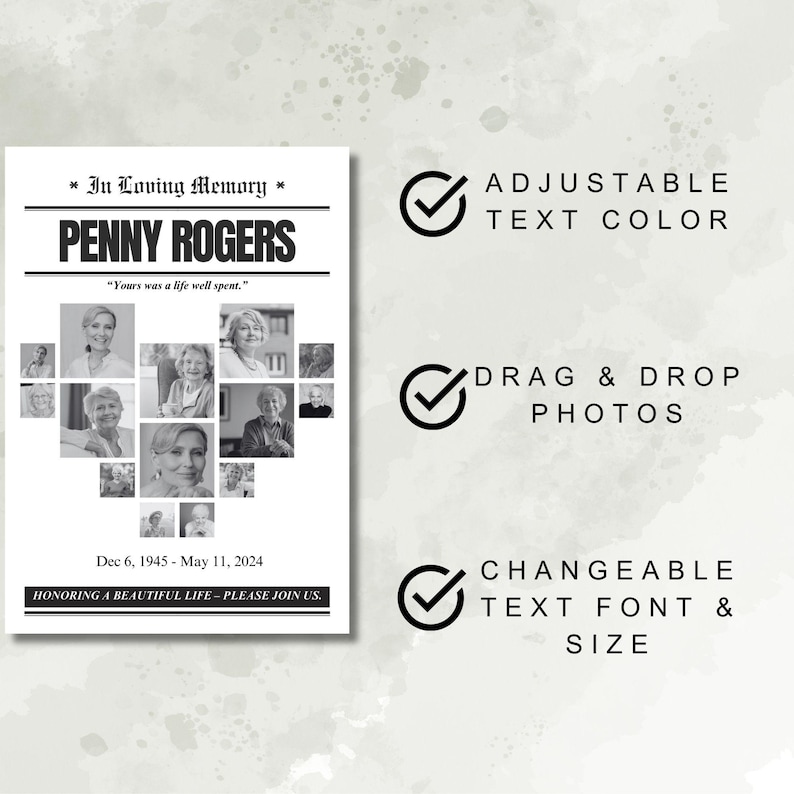 Heart Shaped Funeral Newspaper Template - Canva Editable Template for ...