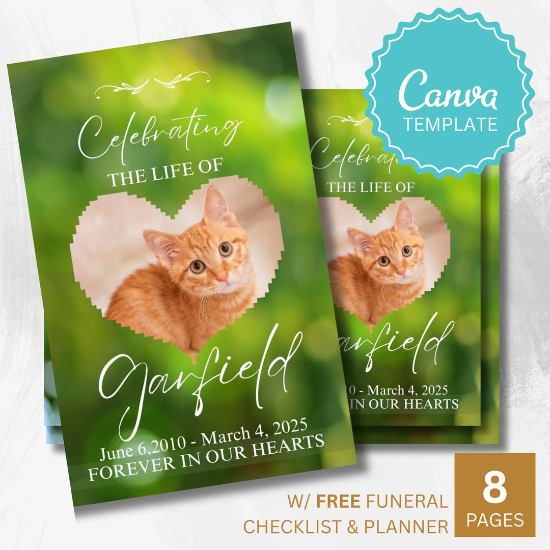 Green Pet Obituary Funeral Program for Loss of Cat – Bifold 8 Page ...