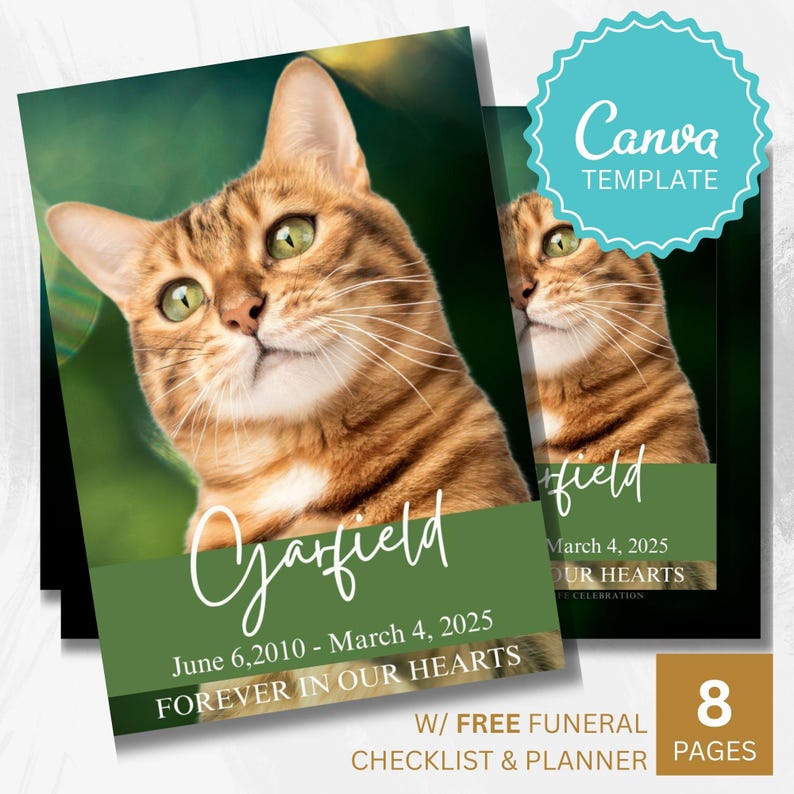 Green Pet Memorial Funeral Program – Editable Canva Obituary Template ...