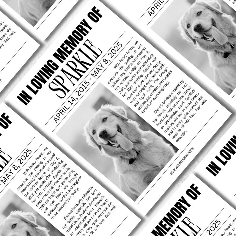Dog Funeral Obituary Newspaper Template for Loss of Pet- Minimalist ...