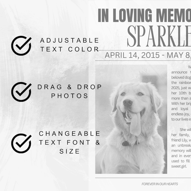 Dog Funeral Obituary Newspaper Template for Loss of Pet- Minimalist ...
