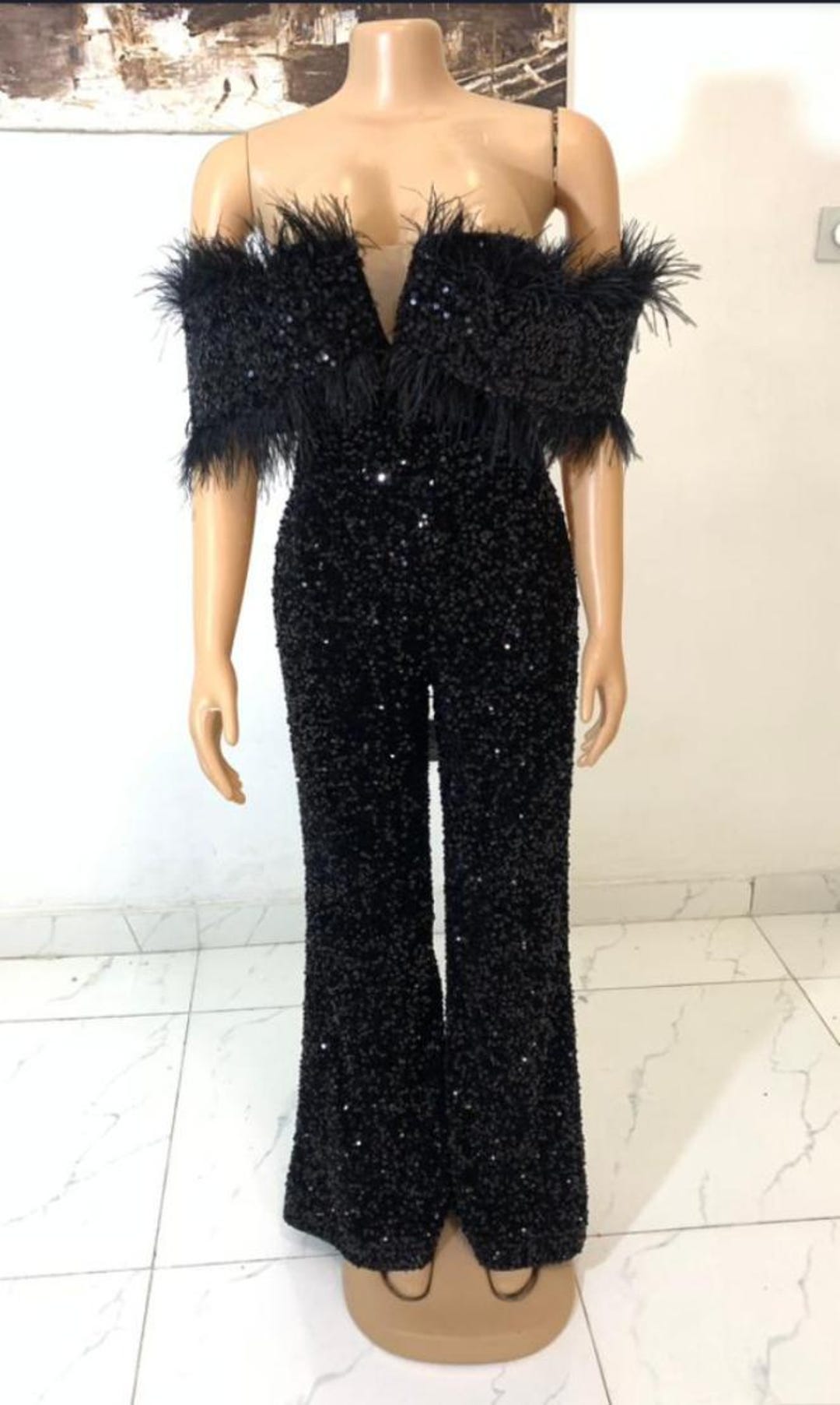 Black Jumpsuit With Feather Trim, off Shoulder Evening Jumpsuit for ...