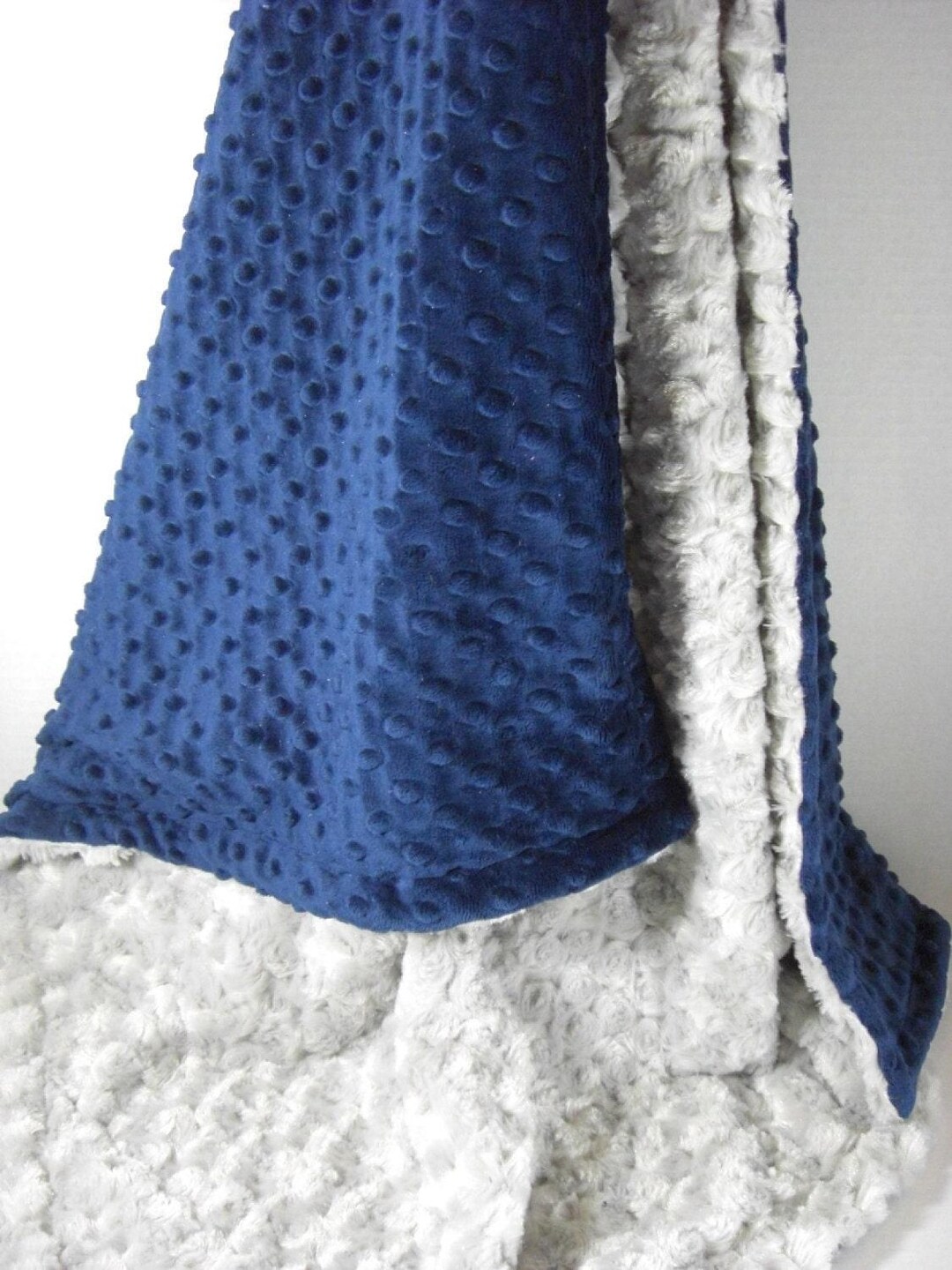 Personalized Navy Blue Minky Dot and Silver Gray Hyde Minky Blanket- or ...