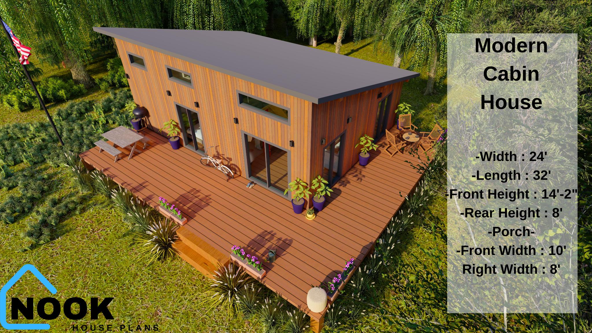 Cabin House Plan,24'x32' Modern Lean Cottage,farmhouse Plans ...