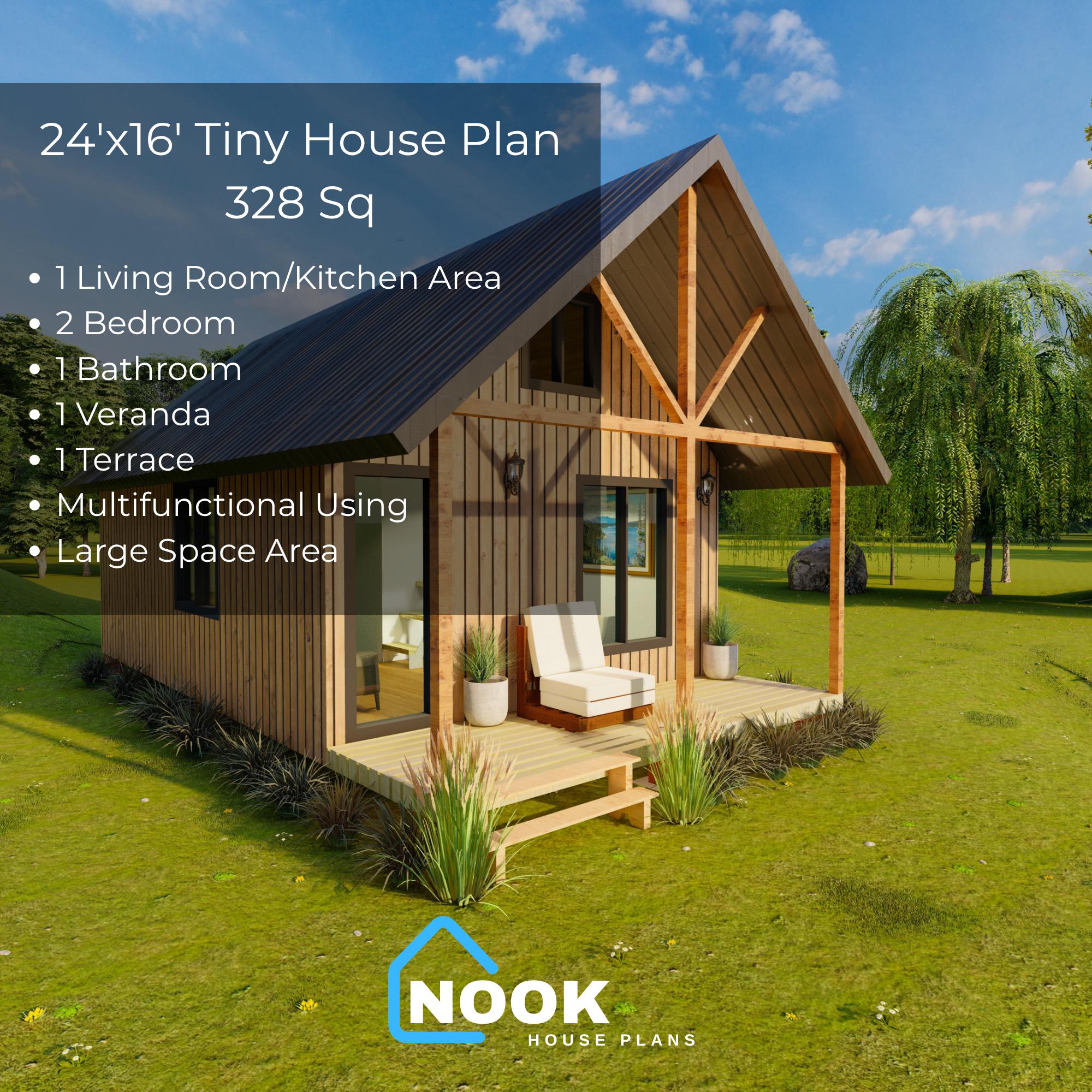 24x16 Tiny Cabin House Plan: 2 Bedroom DIY Blueprint (digital Download ...