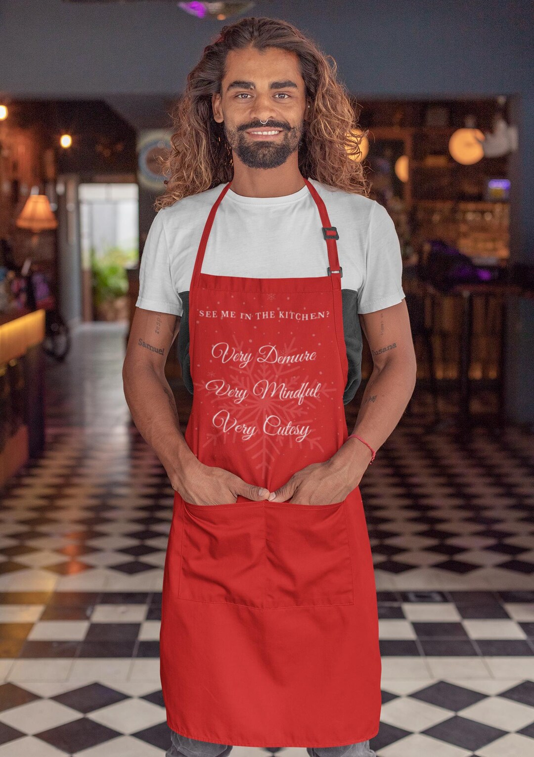 Very Demure Christmas Apron, Red and White, Snow, in the Kitchen ...