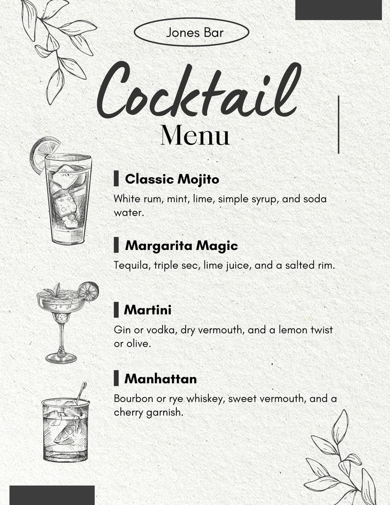 Wedding Cocktail Menu Template Digital File - Etsy
