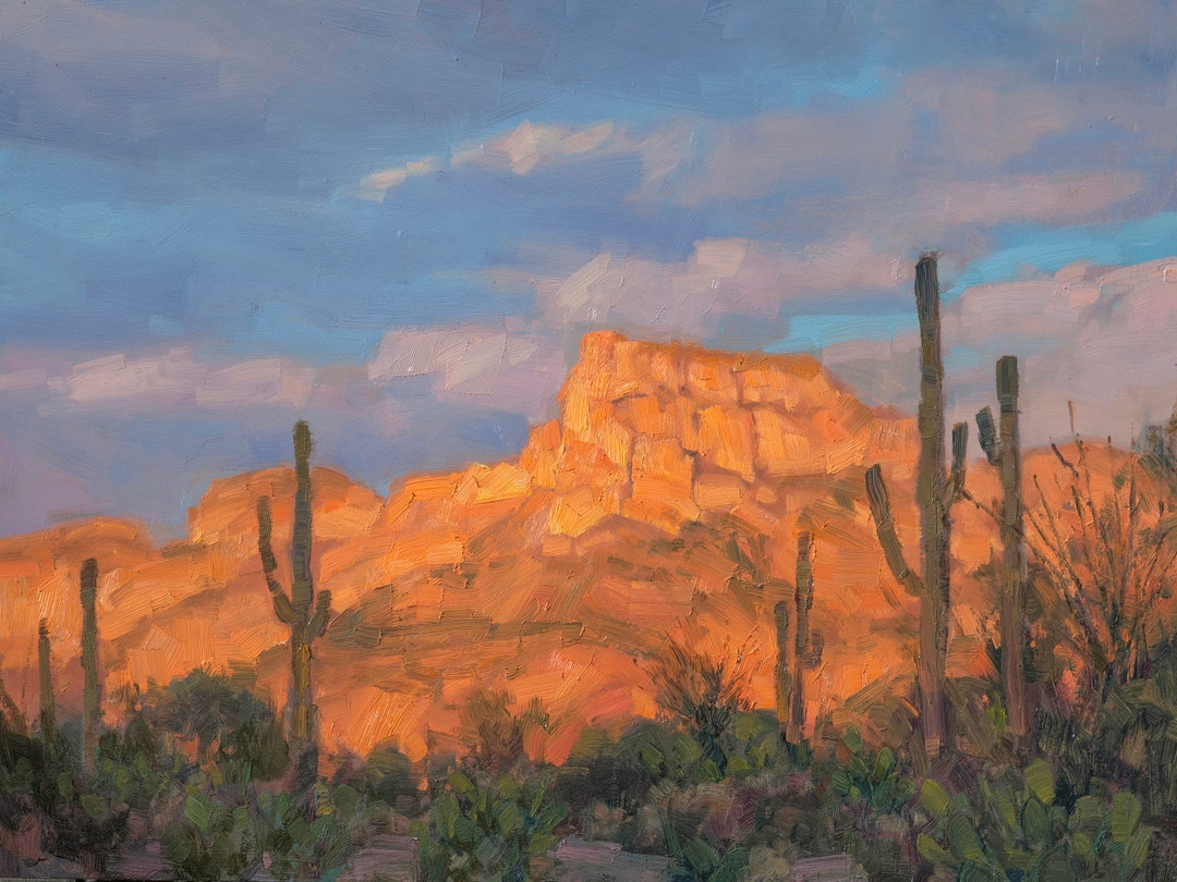 Art Print of Oil Painting, Gold Canyon Desert, Sunset, Arizona ...