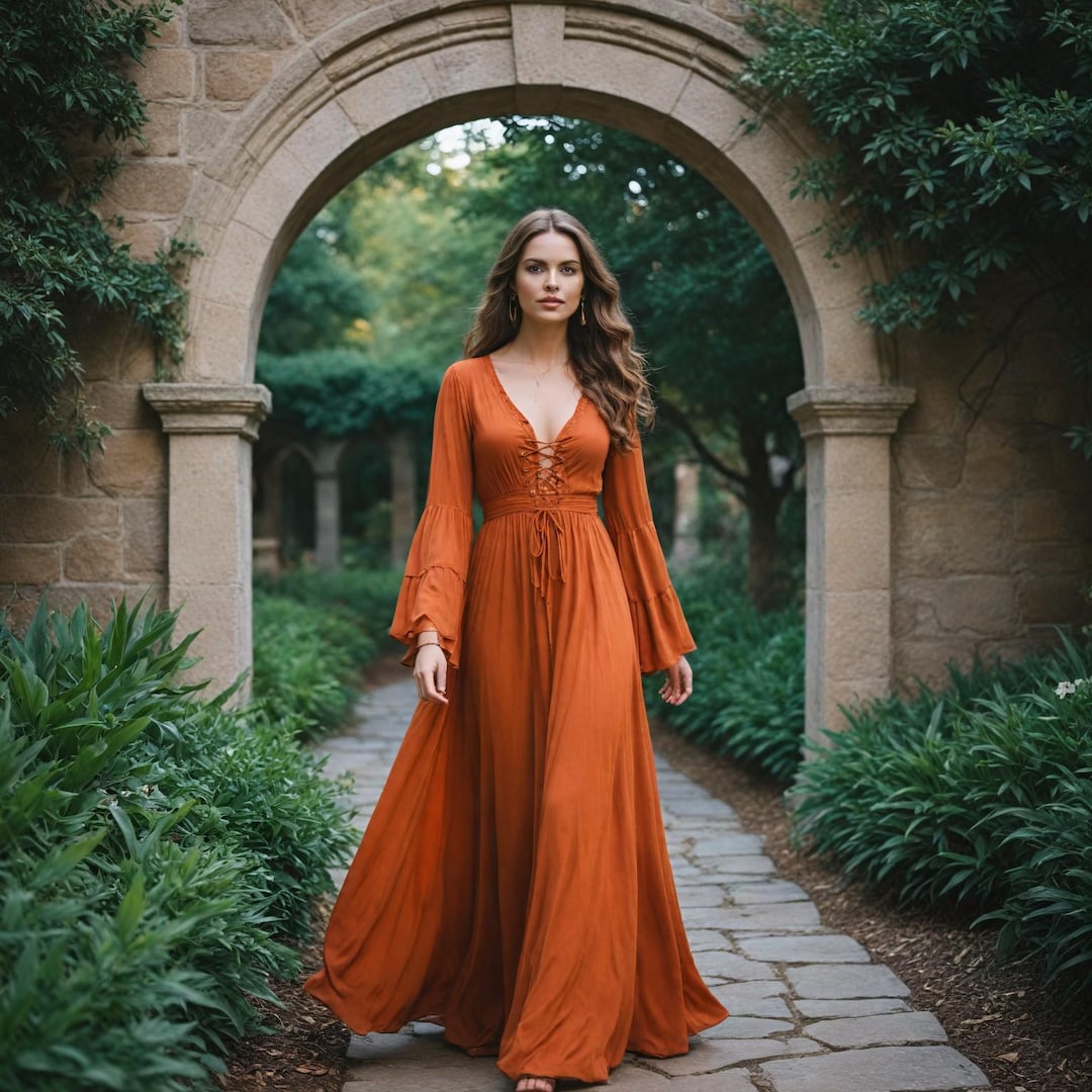 Elegant Burnt Orange Maxi Dress | Flowy Long Bell Sleeve Gown ...