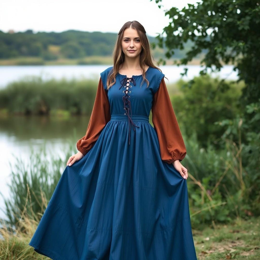 Women's Larp Blue Maxi Dress | Medieval Lace-up Costume Gown ...