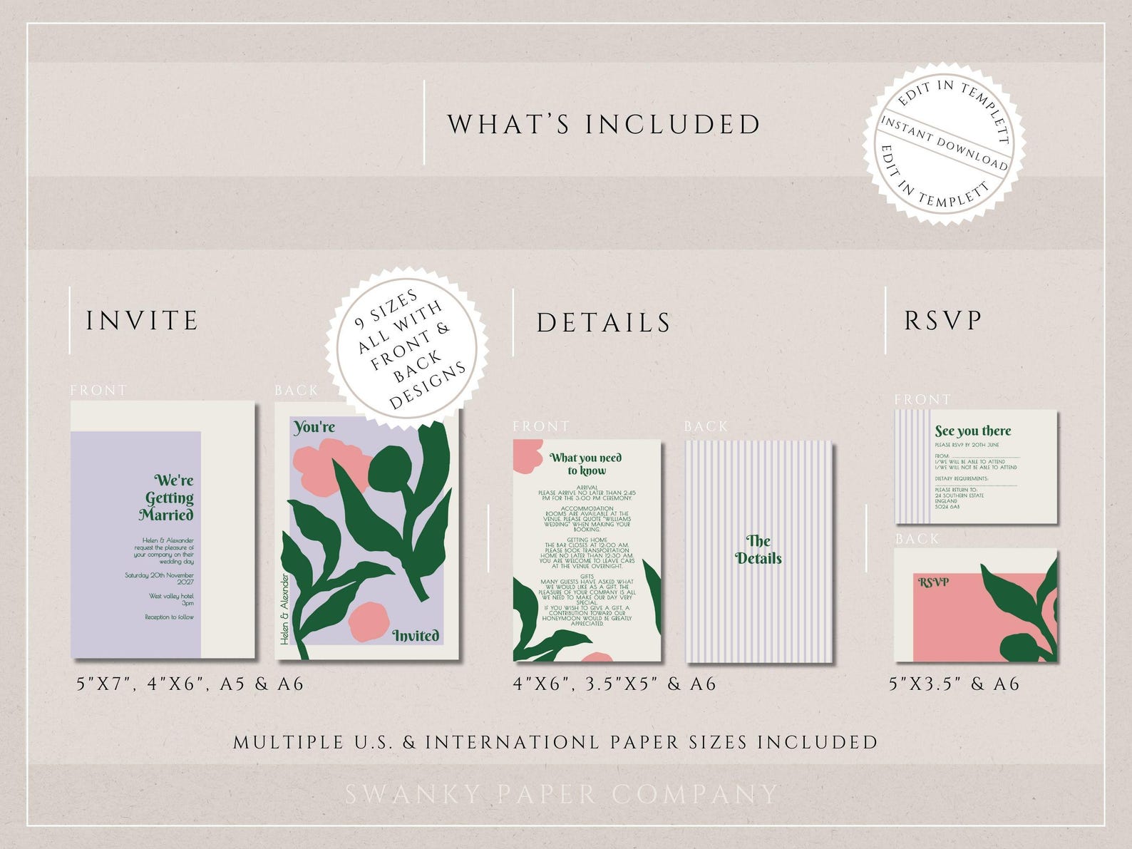 Retro Wedding Invitation Set Template, Editable Instant Download, Mid ...