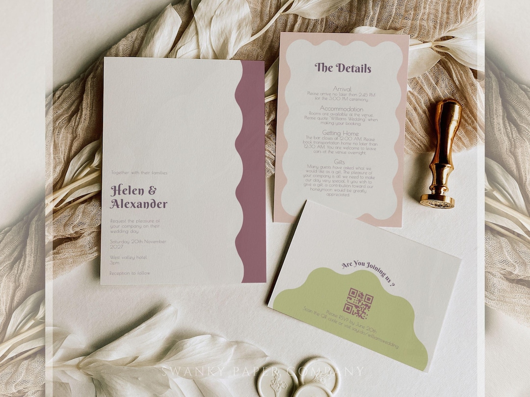 Wavy Edge Wedding Invitation Set Template, Printable Instant Download ...