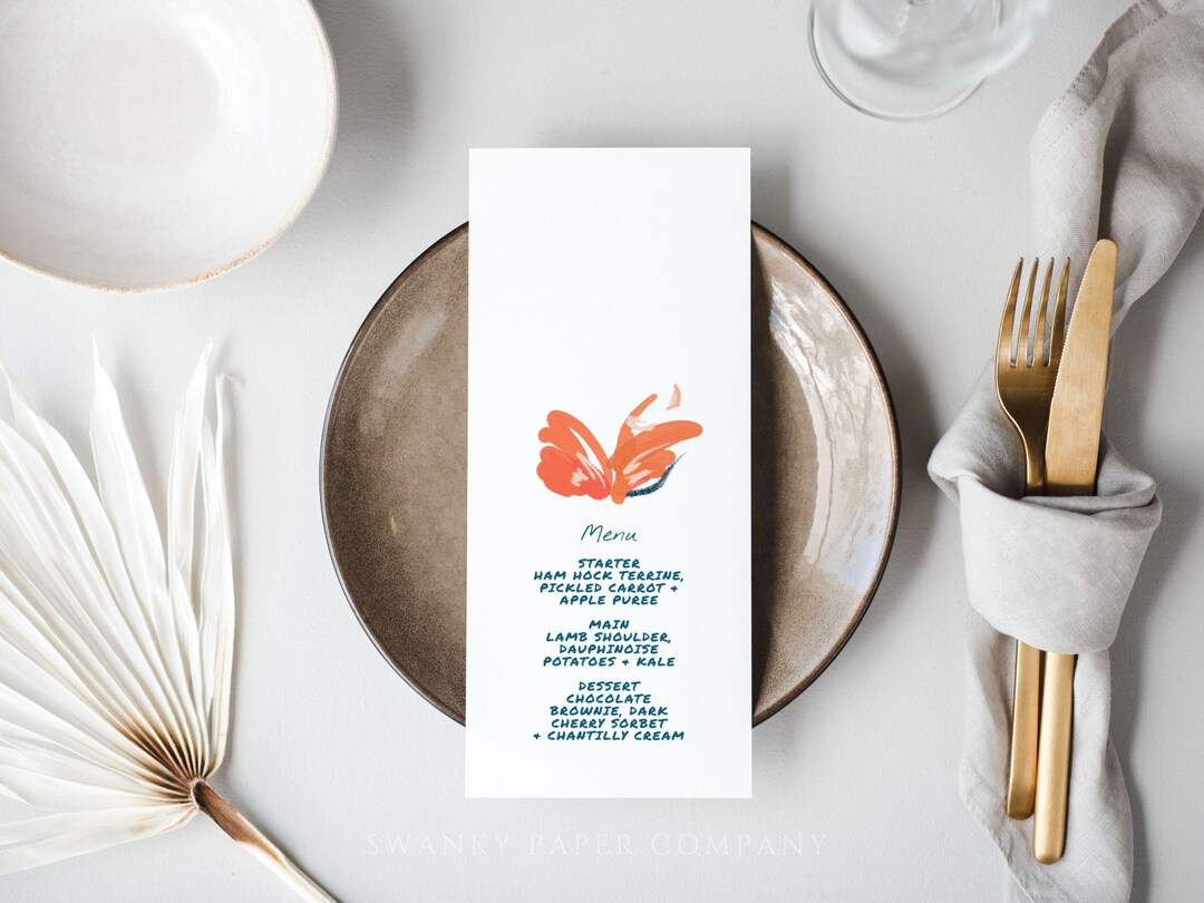 Minimalist Wedding Menu Template, Orange & Blue Watercolour Design ...