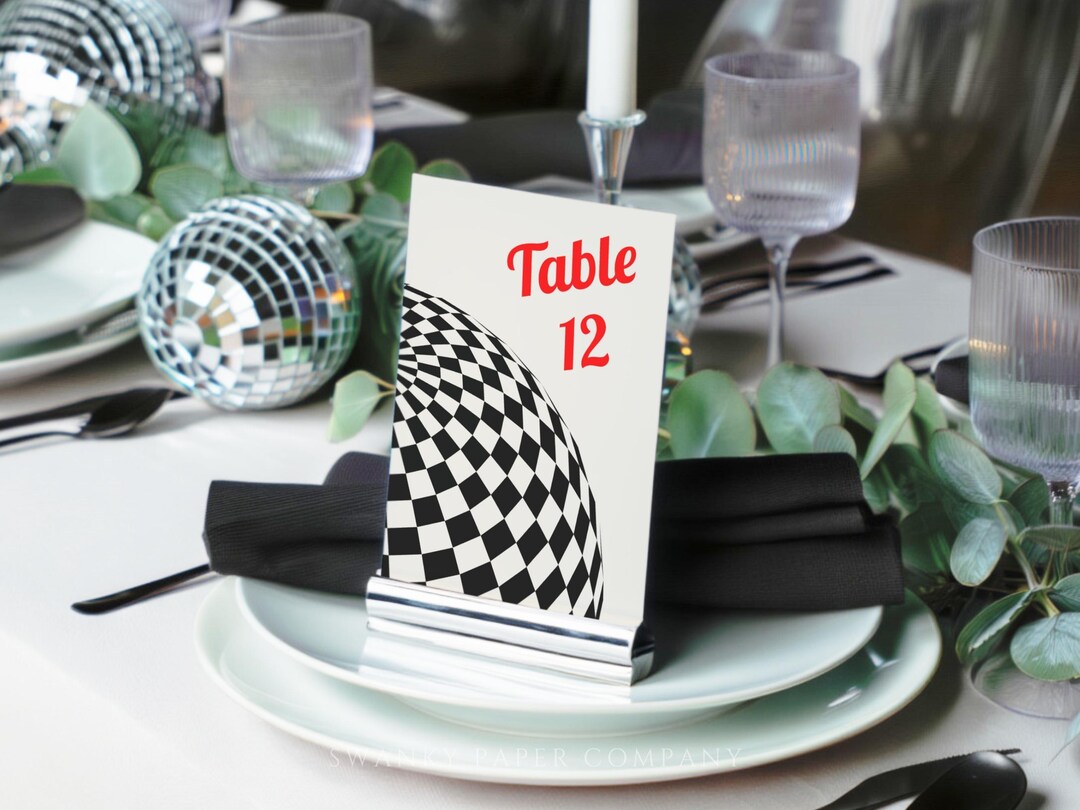 Disco Ball Table Number Template, Retro Checkerboard Wedding Decor ...