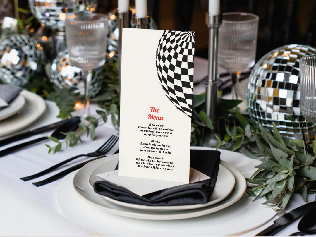 Retro Disco Ball Wedding Menu Template, Black & White Checkerboard ...