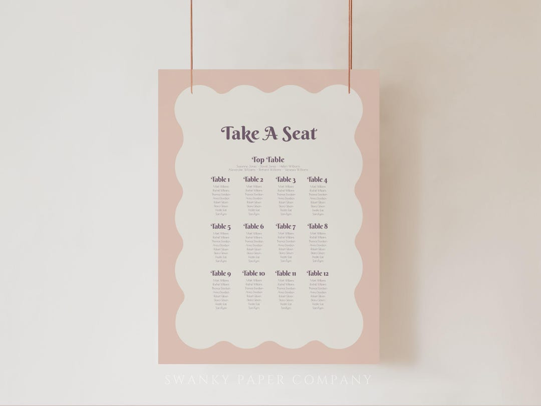 Scalloped Edge Seating Chart Sign Template, Pastel Boho Wedding, Wavy ...