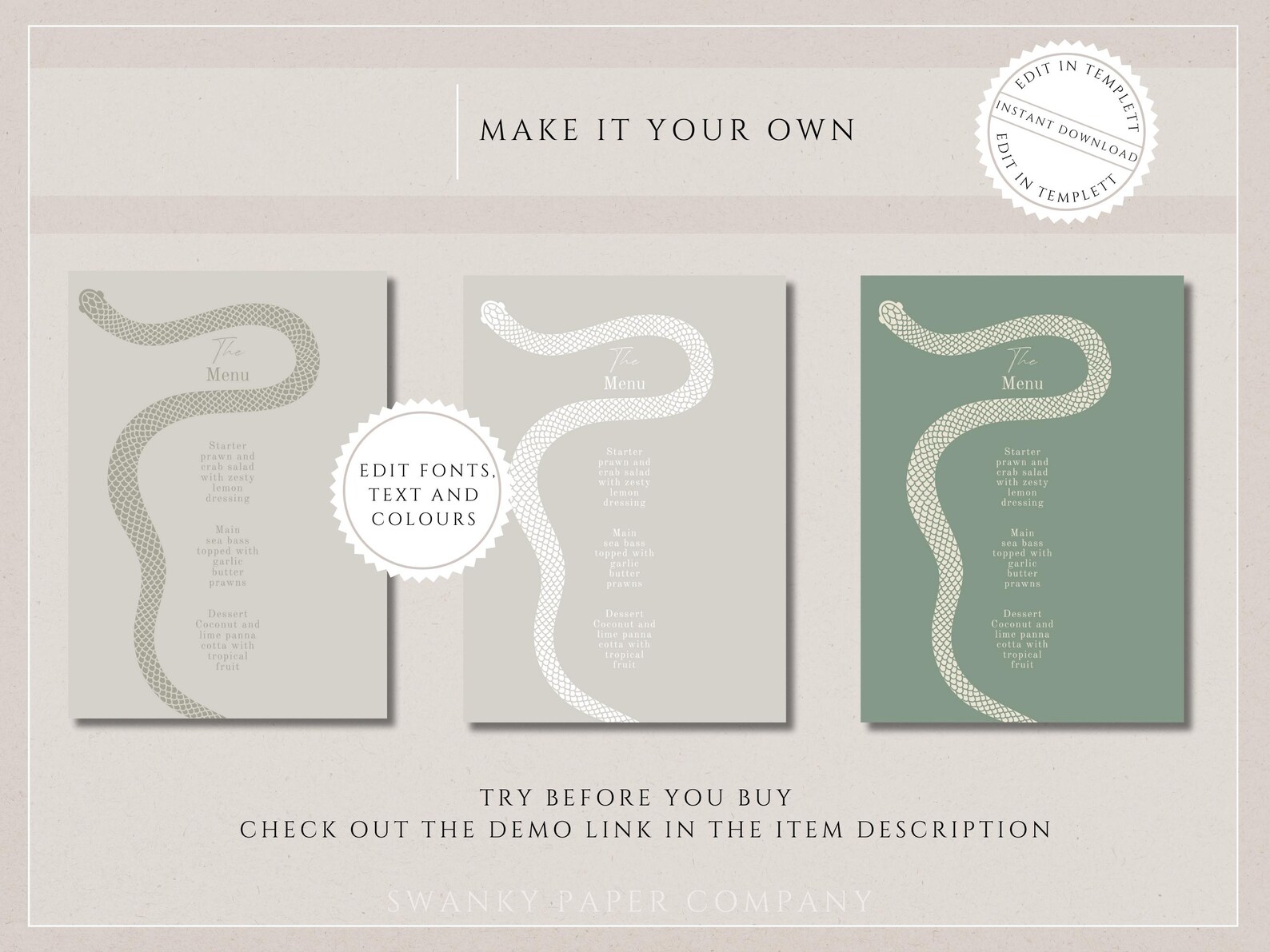 Snake Print Wedding Menu Template, Beige Serpent Design, QR Code Photo ...