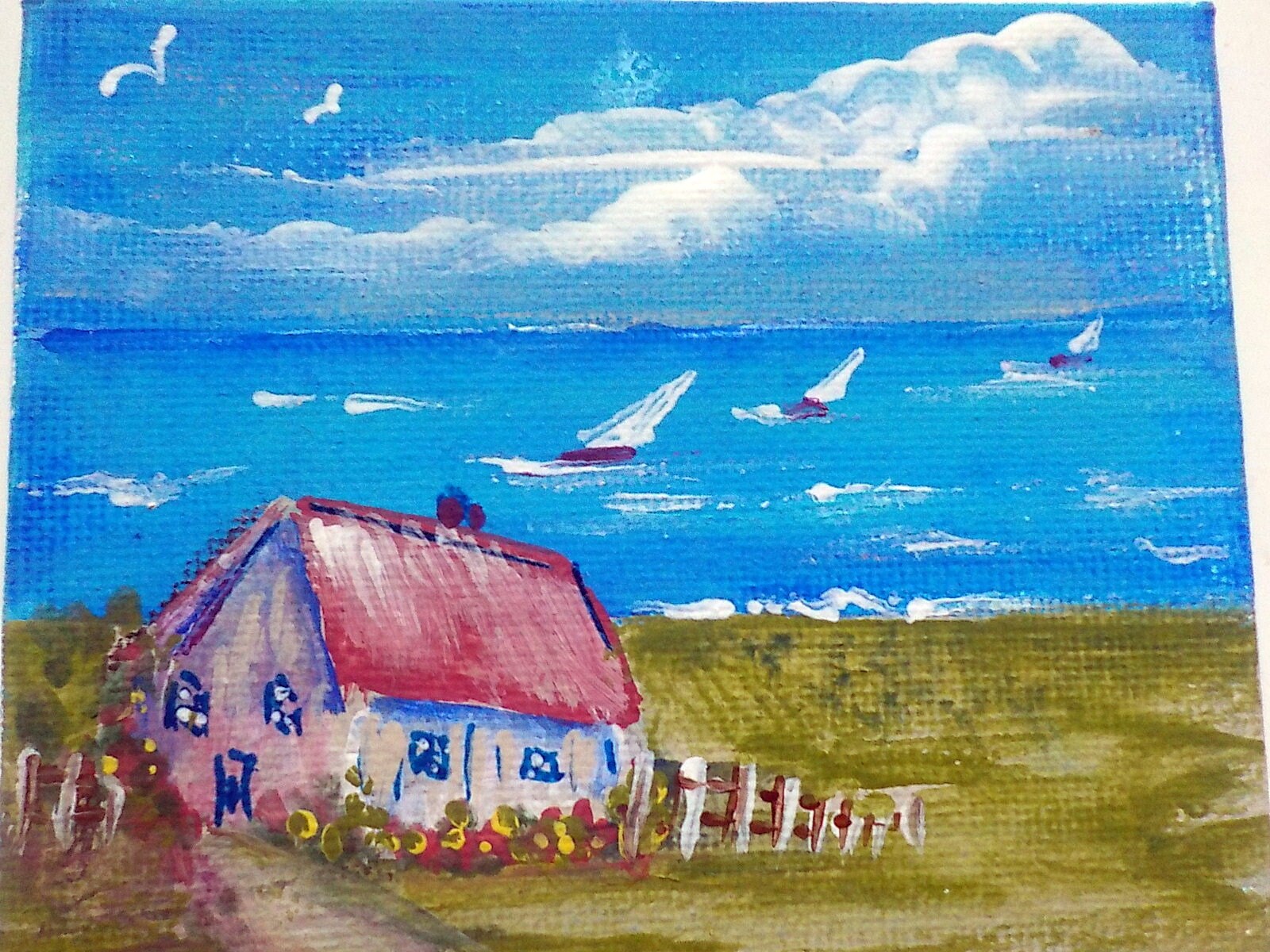 Painted Lake Scene on Small Canvas With Easel, Cottage on the Lake ...