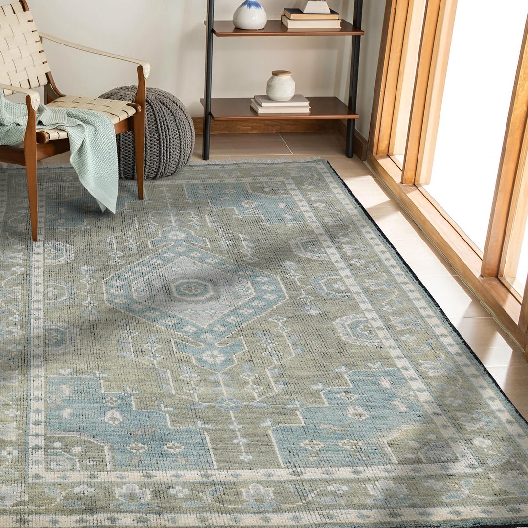 Green Blue Wool Rug, Handmade Rug, Modern Hand Knotted Wool Rug, Blue ...