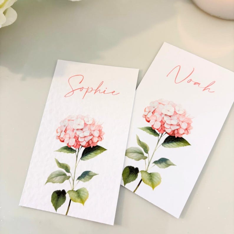 Wedding Place Name With Pink Hydrangea Design | Personalised Place Card ...