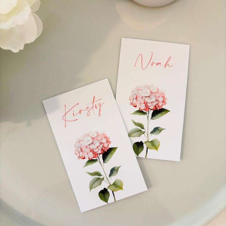 Wedding Place Name With Pink Hydrangea Design | Personalised Place Card ...