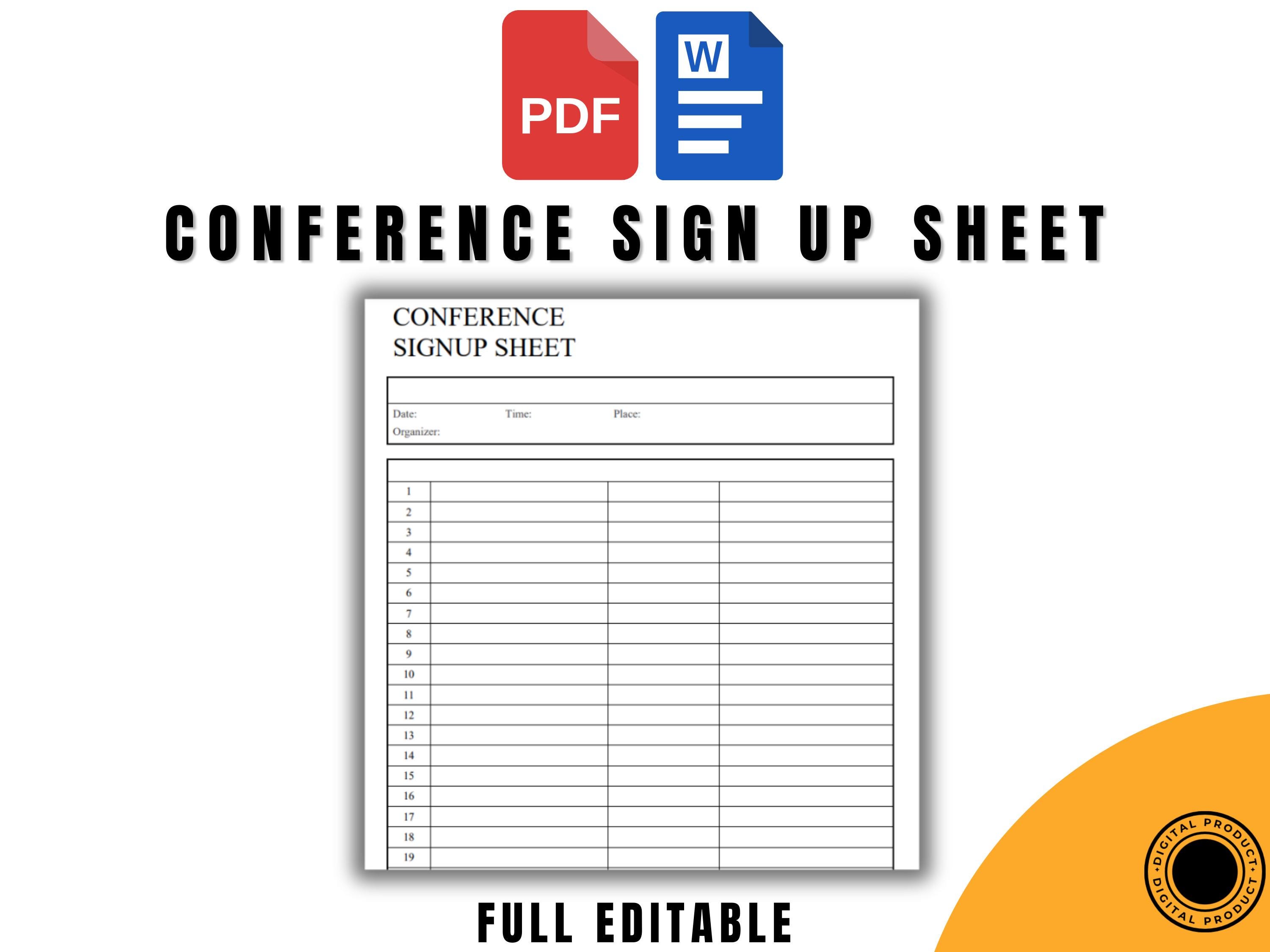 Conference Sign-up Sheet Template, Editable Word and PDF Form ...