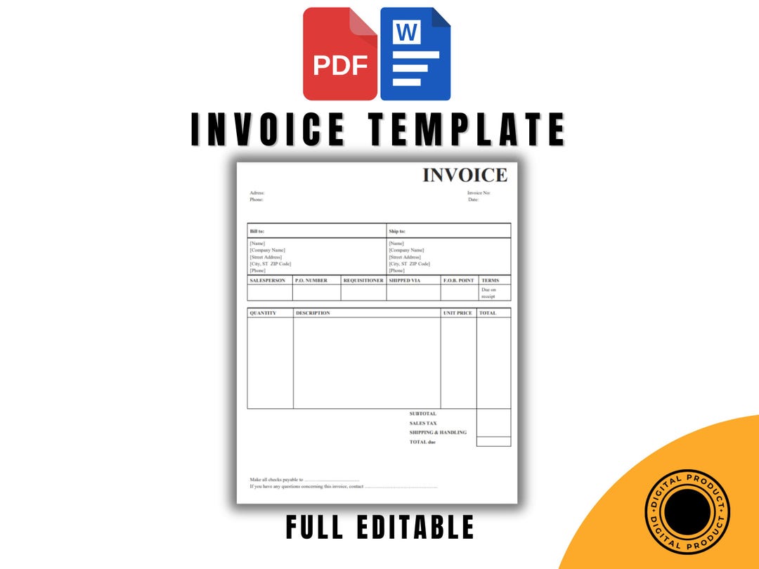 Invoice Template, Word and PDF Format, Fully Editable and Printable ...