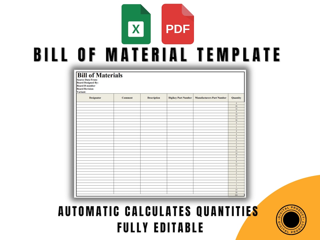 BOM Template Excel Spreadsheet, Editable Bill of Materials Format ...