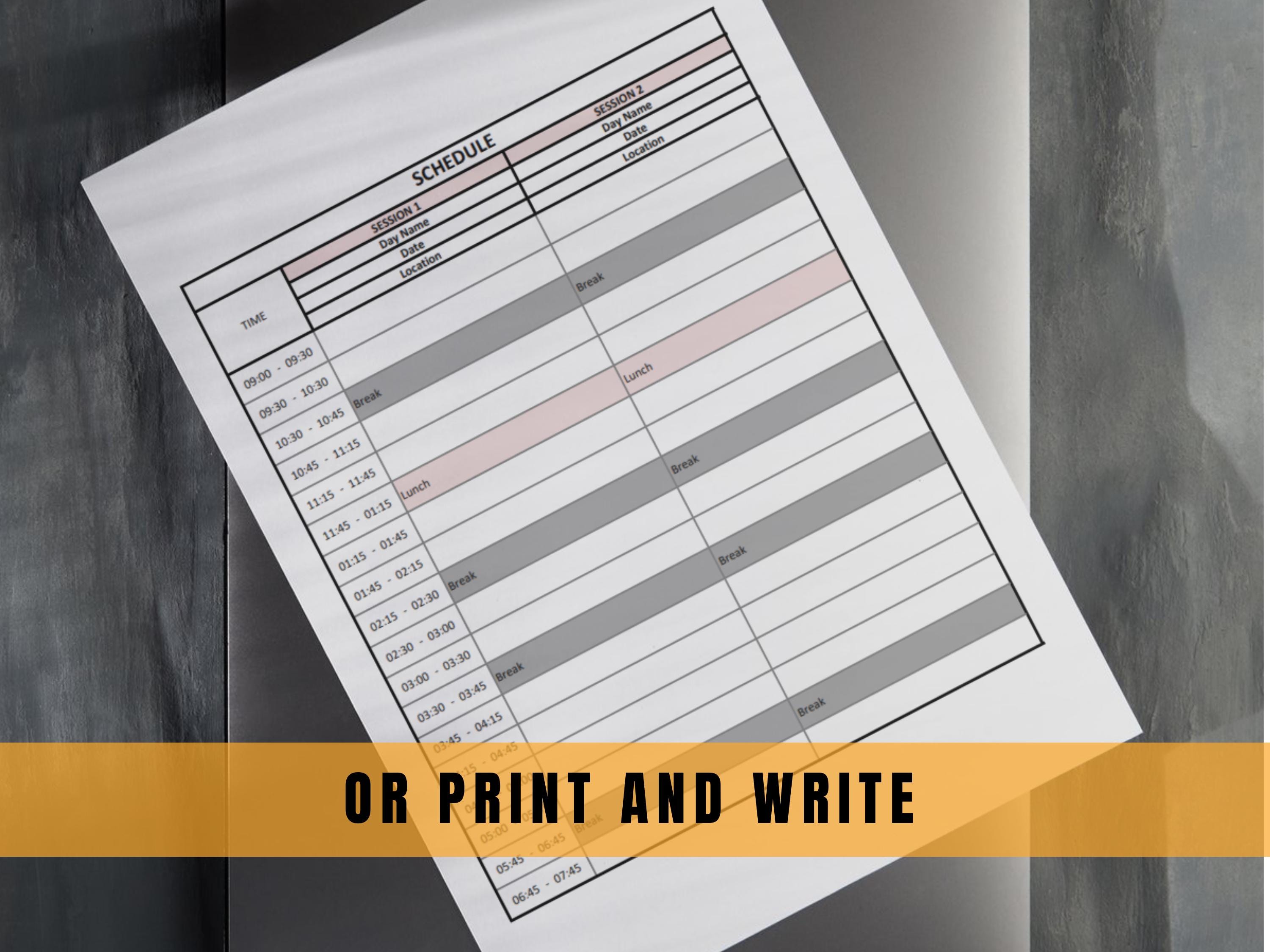 Schedule Template, PDF and Excel Format, Fully Editable and Printable ...