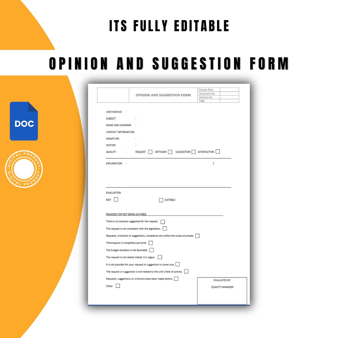 Opinion & Suggestion Form Template, ISO 9001 Compliant, Customizable ...