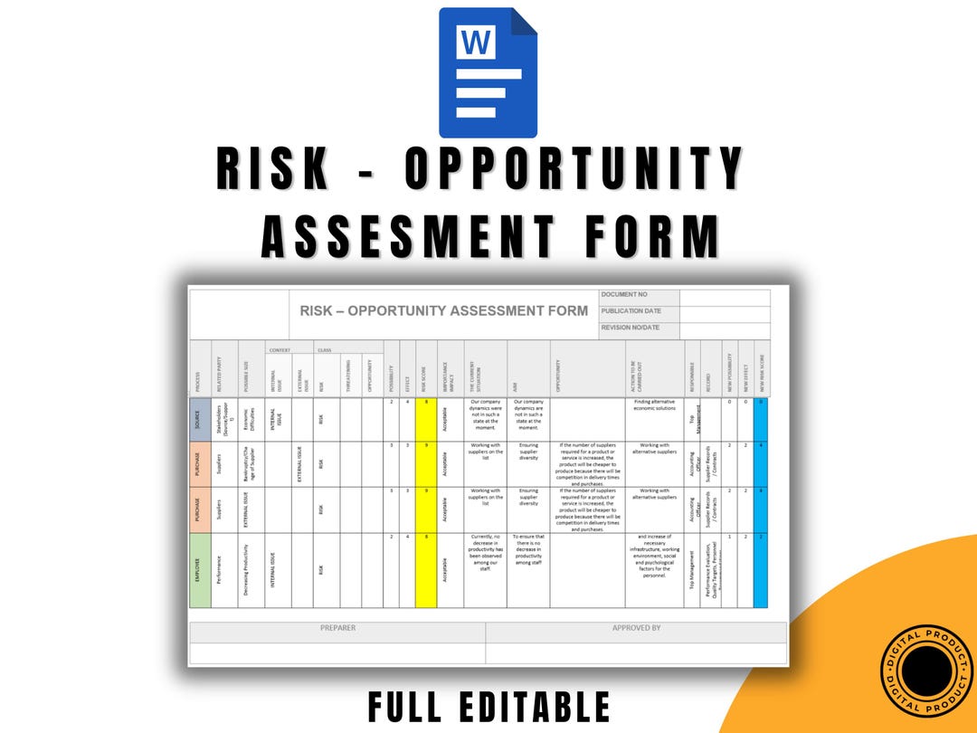 Risk Opportunity Assessment Form, ISO Compliant, Fully Editable ...