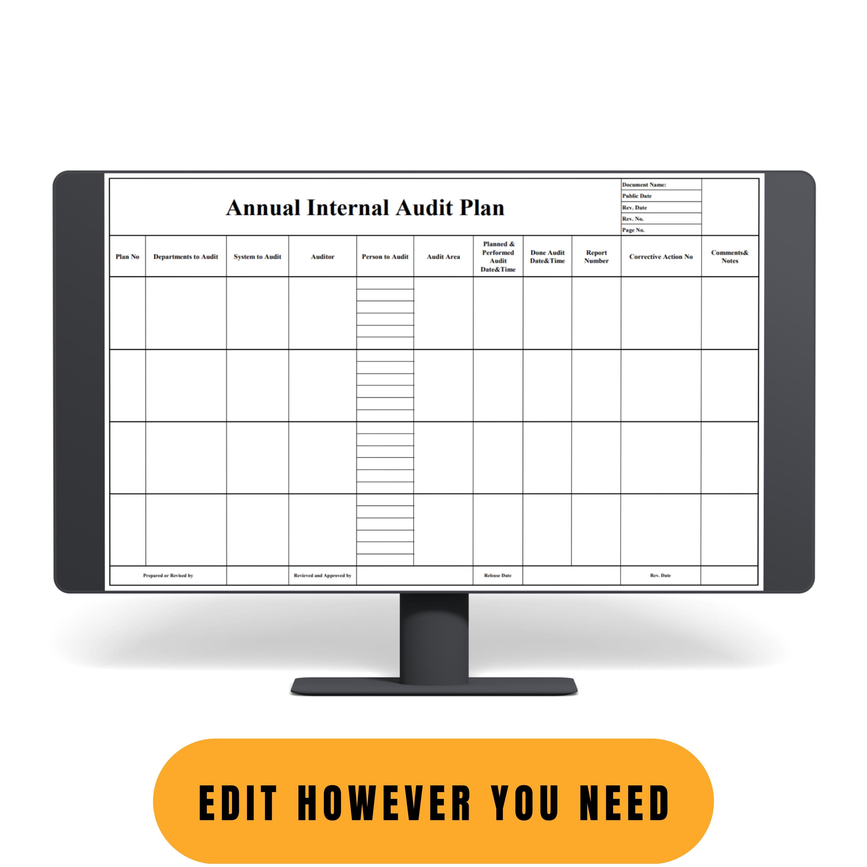 Internal Audit Plan Template, ISO 9001 Compliant, Excel and PDF Formats ...