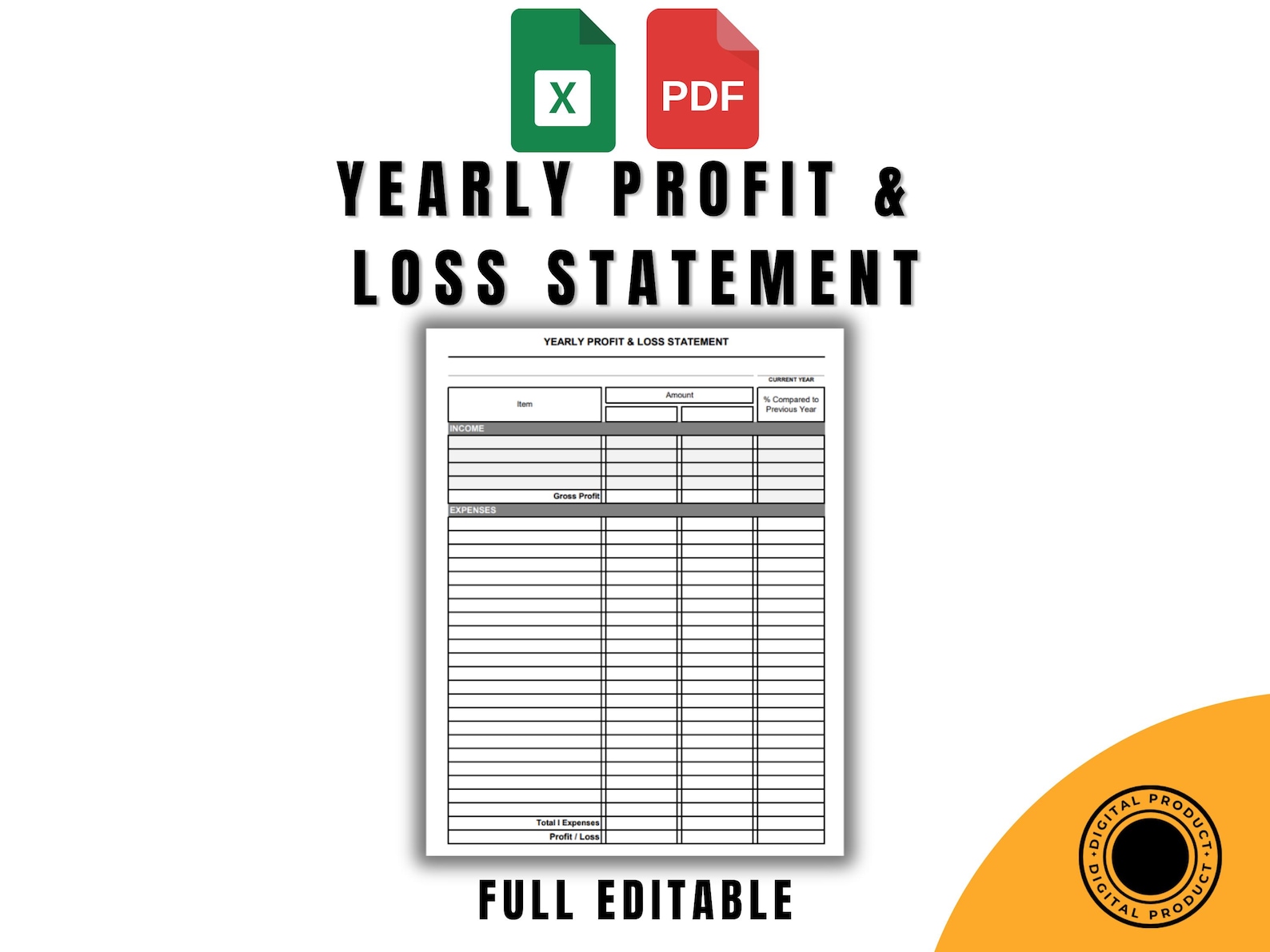Yearly Profit and Loss Statement Template, PDF and Excel Format, Fully Editable and Printable ...