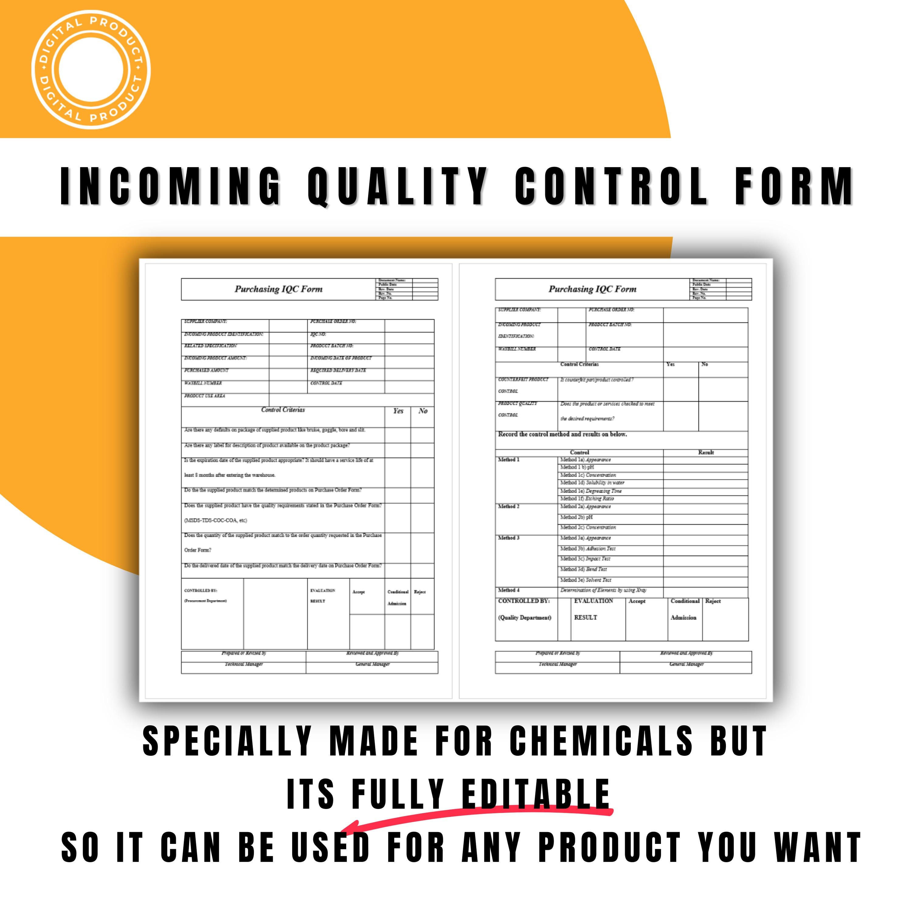 Incoming Quality Control Checklist Form, Editable Supplier Product ...