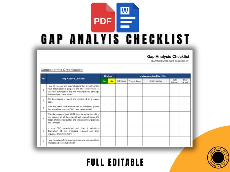 ISO 9001:2015 Gap Analysis Checklist, Word and PDF Format, Comprehensive and Customizable ...