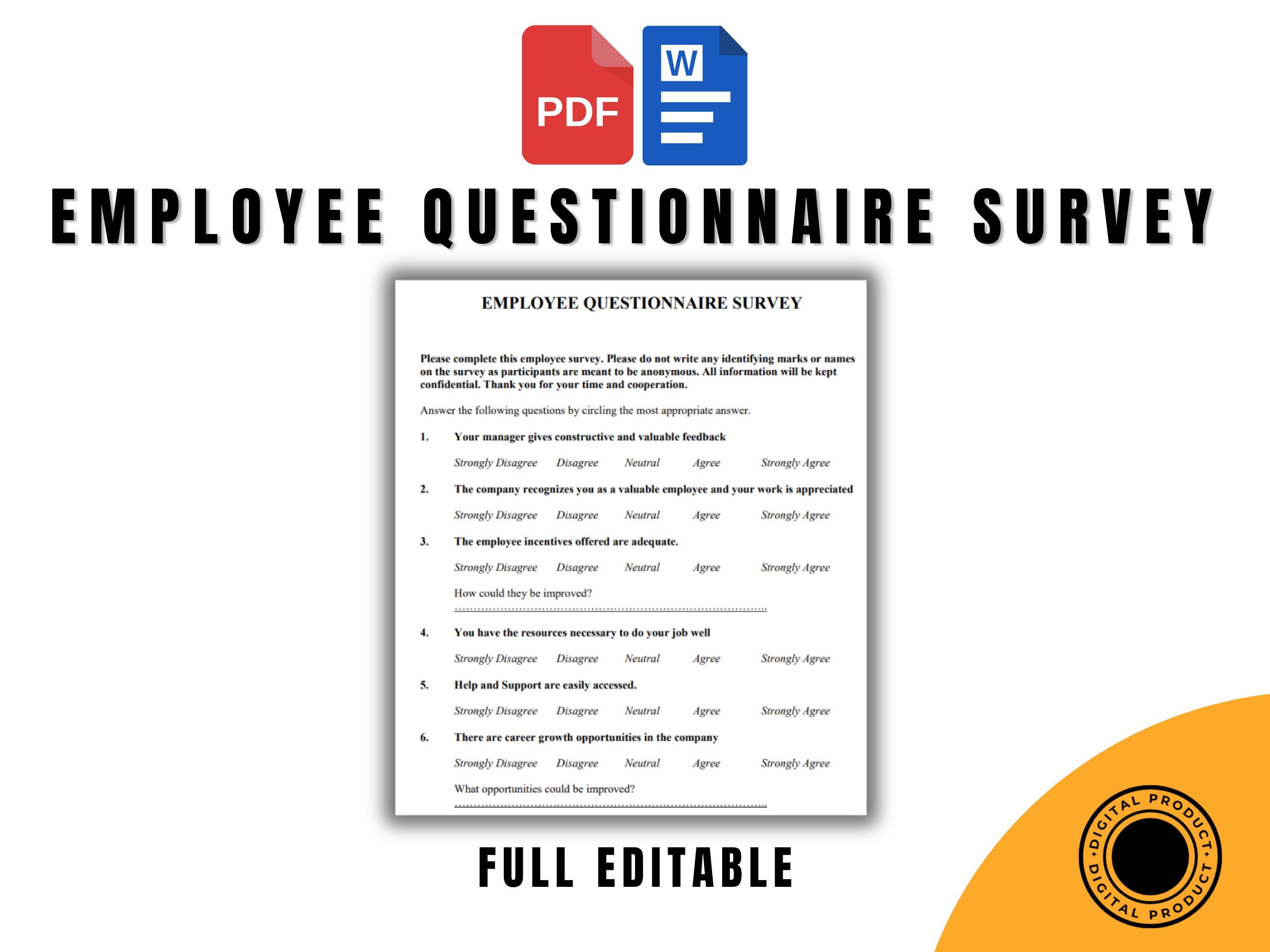 Employee Questionnaire Survey Template, Word and PDF Format, Fully ...