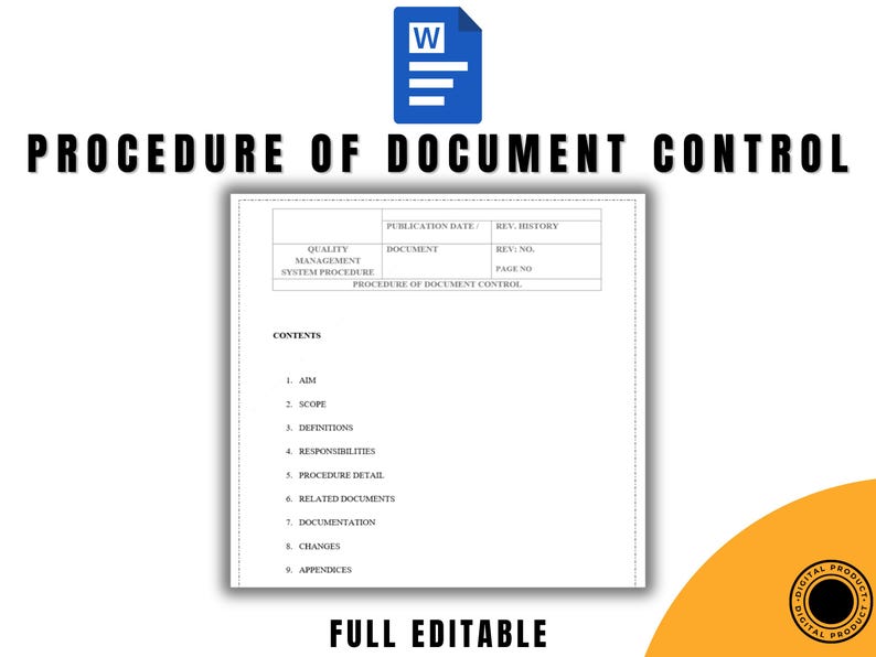 Document Control Procedure, ISO 9001, 14001, 45001 Compliant, Word Format, Printable Quality ...