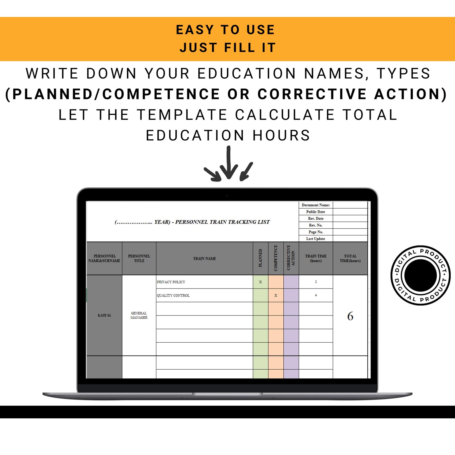 Employee Training Tracker, Automatic Hour Calculation, Editable Excel ...