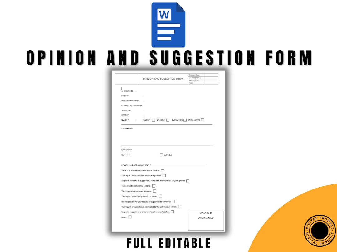 Opinion & Suggestion Form Template, ISO 9001 Compliant, Customizable ...