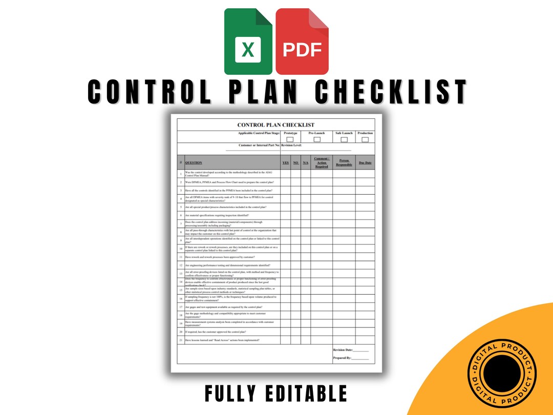 Control Plan Checklist Template, Editable PDF and Excel Format ...