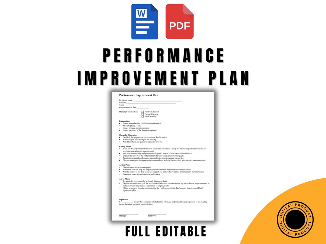 Performance Improvement Plan Template, Word and PDF Format, Fully ...