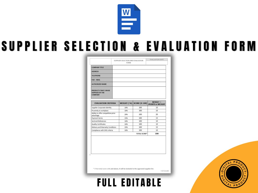 Supplier Selection & Evaluation Form, ISO 9001 Compliant, Customizable ...