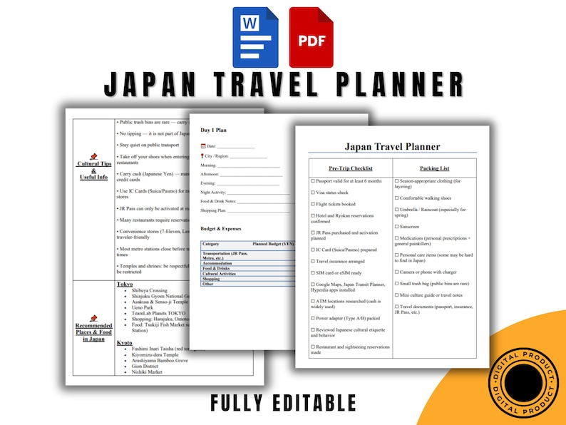 Japan Travel Planner Template, Printable PDF & Word Format, Japan Trip ...