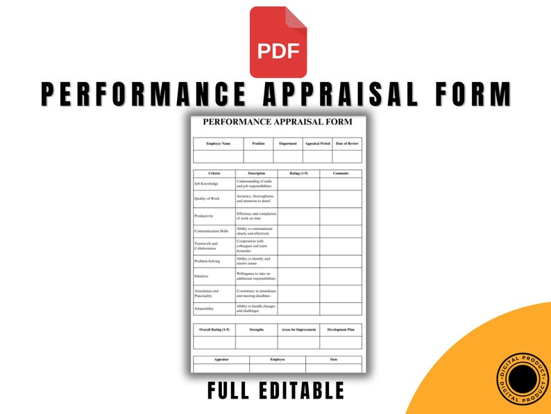 Performance Appraisal Form, A4 PDF Format, Professional and Customizable, Editable Employee ...