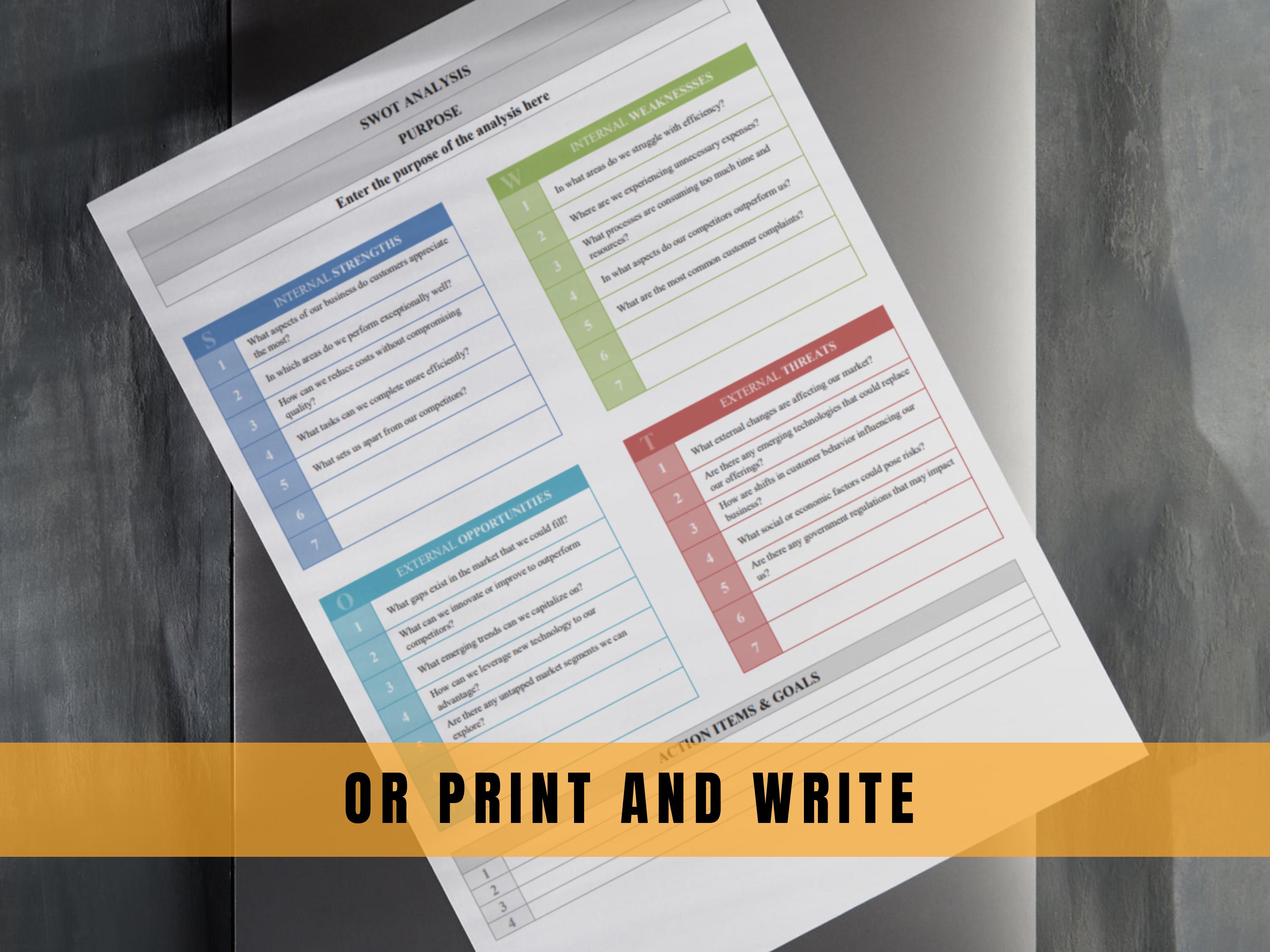 SWOT Analysis Template, PDF and Excel Format, Fully Editable and ...